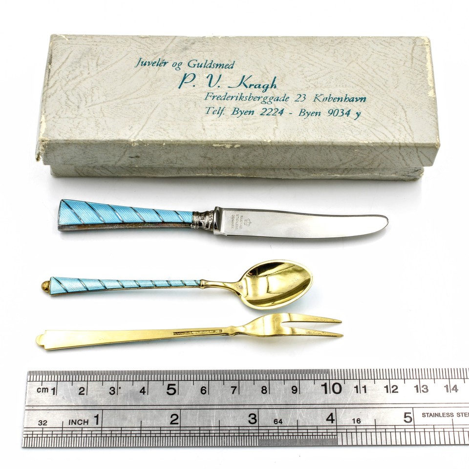 Guilloche Denmark Sterling Guilloche Enamel Flatware Set W/ Box Lot of ...