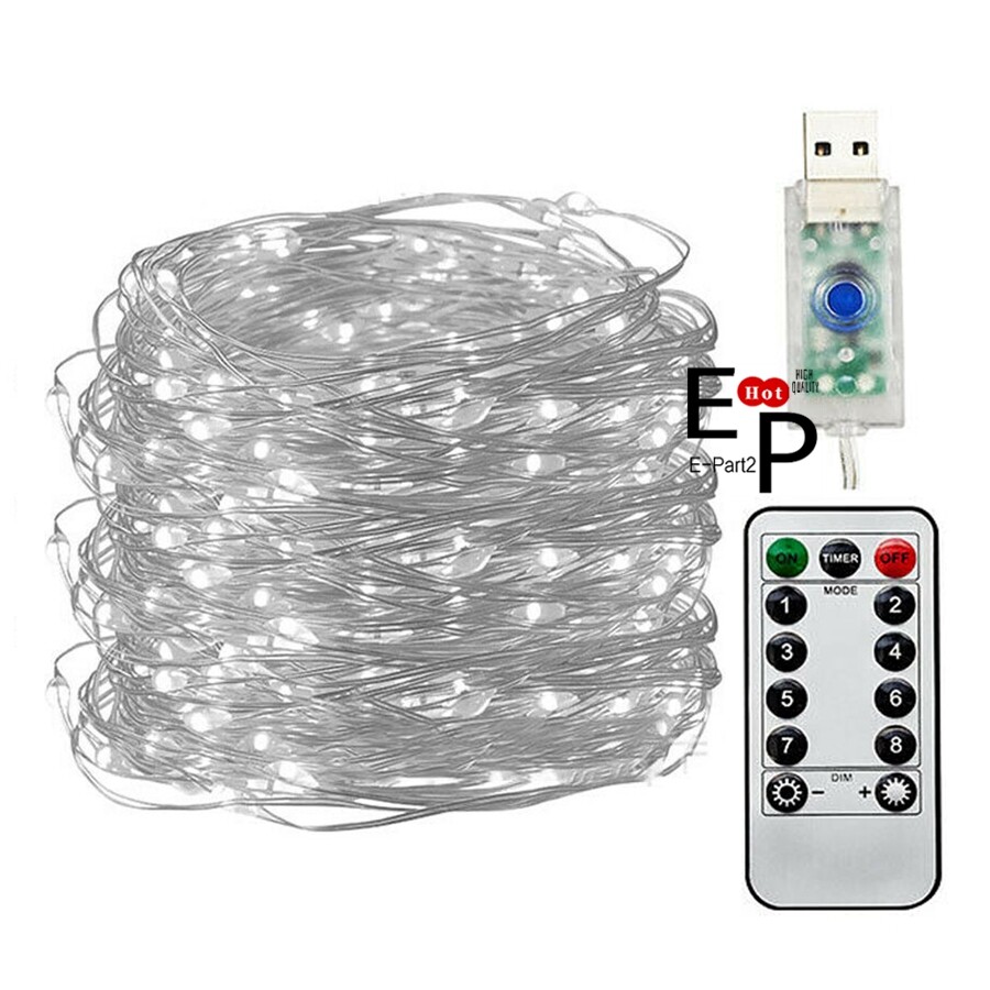 USB Plug Twinkle LED String Fairy Lights Silver Wire With Remote 50 100 ...