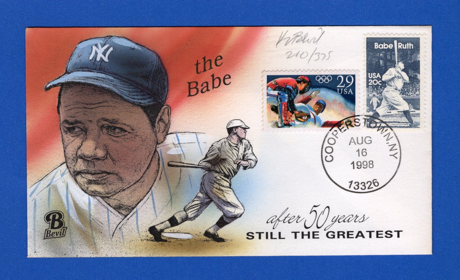 Passing of Babe Ruth 50th Anniversary Bevil Hand Painted Event Cover ...