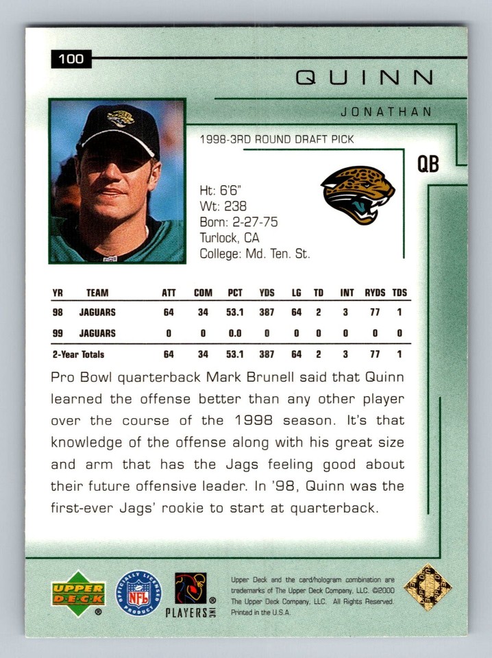 Jonathan Quinn 2000 Upper Deck Encore #100 Jacksonville Jaguars | eBay