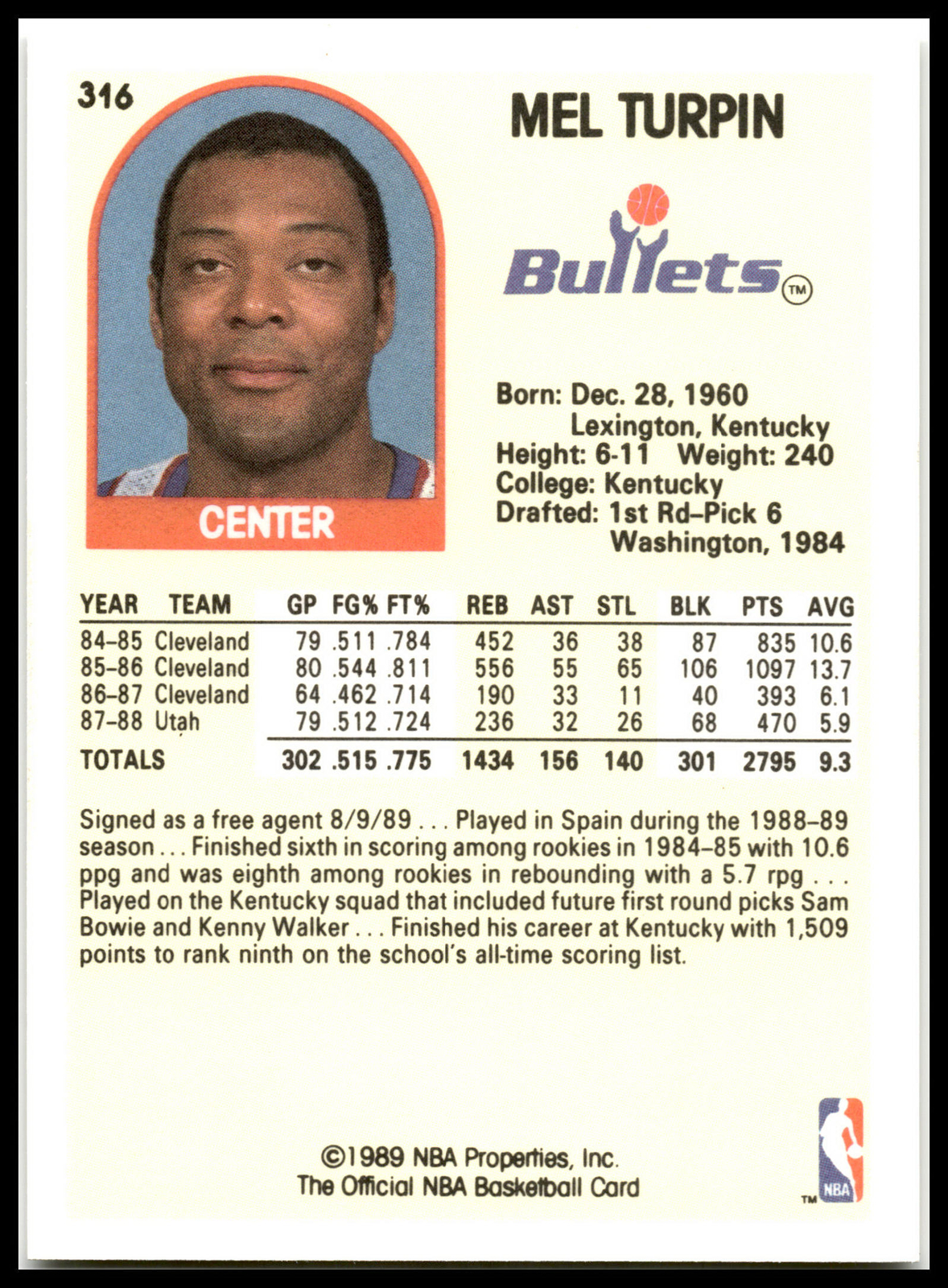Mel Turpin #316 1989 NBA Hoops Bullets B0128A | eBay