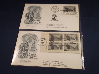 Scott# 1149 "World Refugee Year" FDCs plate block of 4 & single ...