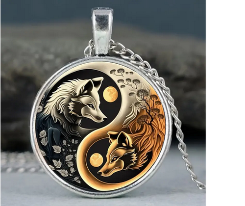 YING YANG WOLF ANIMAL 1" Large Pendant on 925 Sterling Silver 22 ...