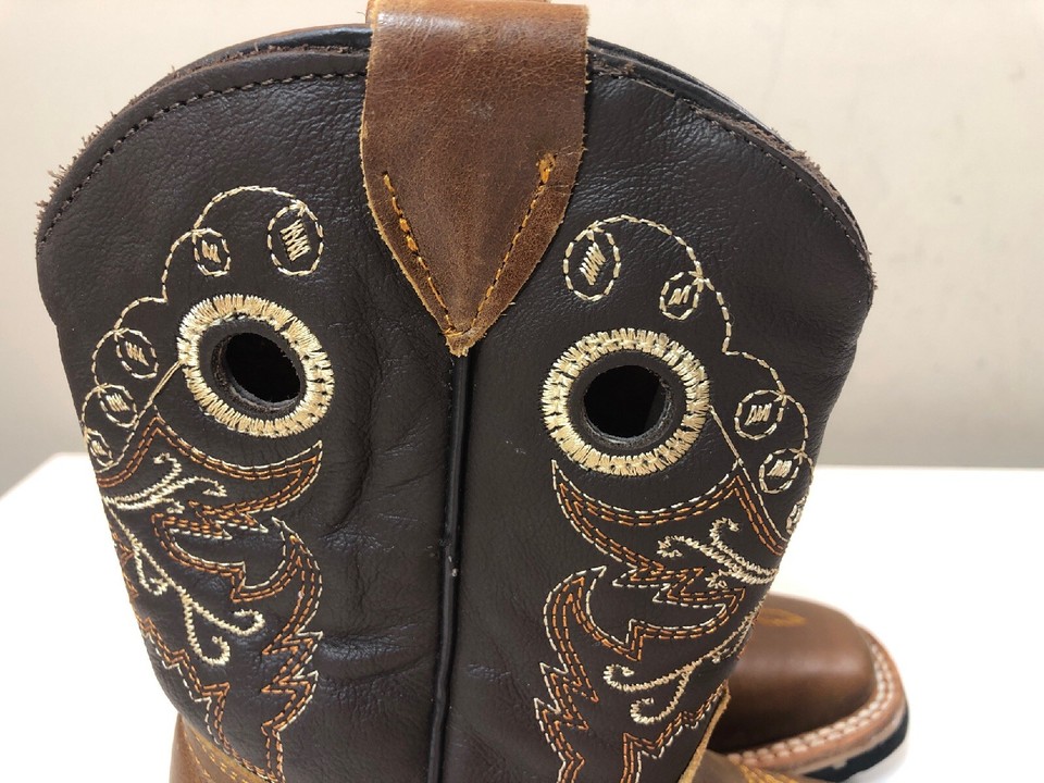 Potrero Square Toe Kids Brown Leather Embroid Western Cowboy Boots Size ...