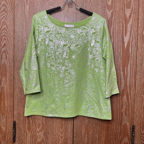 Susan Graver Green Silver Floral 3/4 Sleeve Boat Neck Cotton Spandex ...