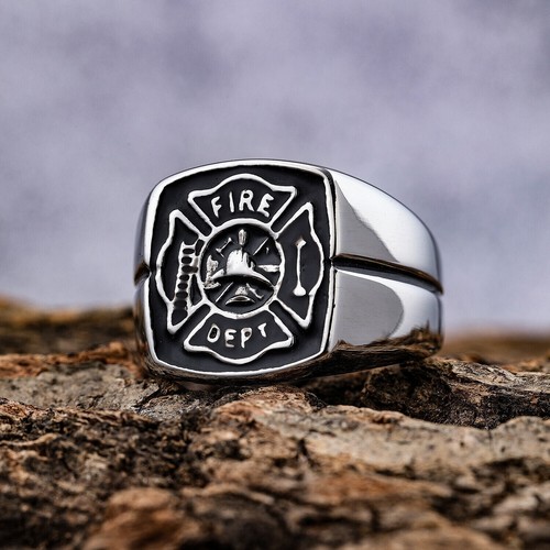 Black Enamel Firefighter Fire Department Ring Stainless Steel Men's ...