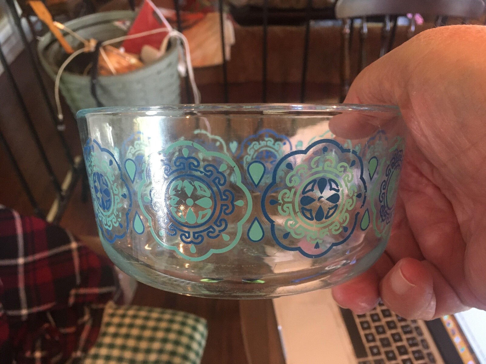 SUPER KEEN 1 Retro Blue Pinwheel Medallion 7201 Clear Glass Pyrex Bowl ...