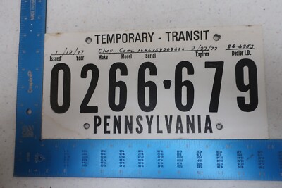 Pennsylvania License Plate Tag 1977 77 PA Temporary Transit Cardboard ...