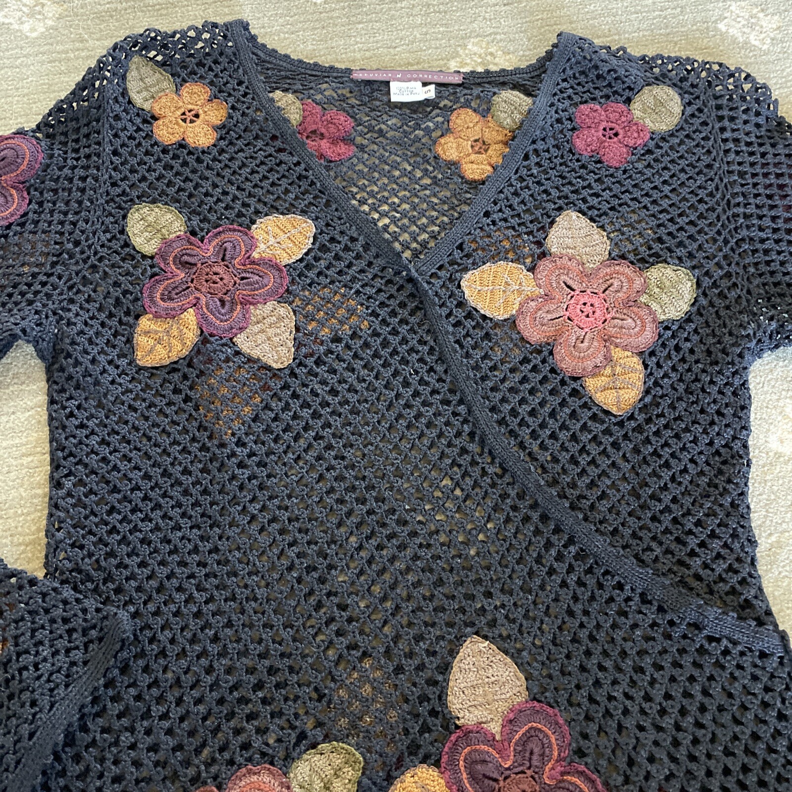 194 Peruvian Connection Crochet Mesh Faux Wrap Sweate… - Gem