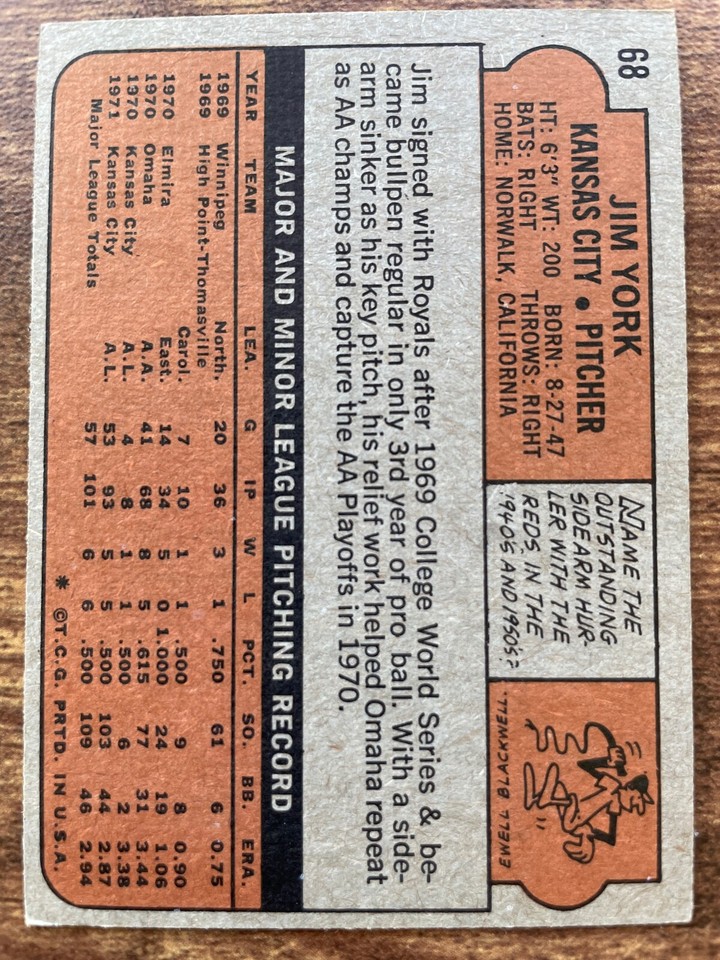 1972 Topps Baseball Card #68 Jim York Kansas City Royals EX | eBay