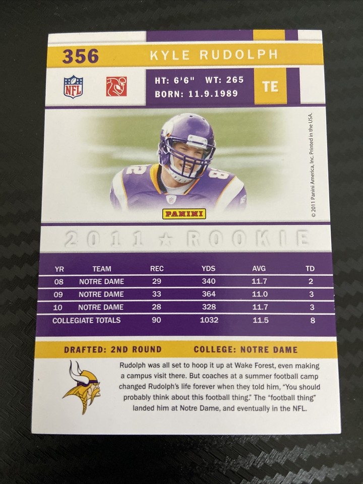 2011 Score KYLE RUDOLPH ROOKIE Football Card 356 Minnesota Vikings | eBay