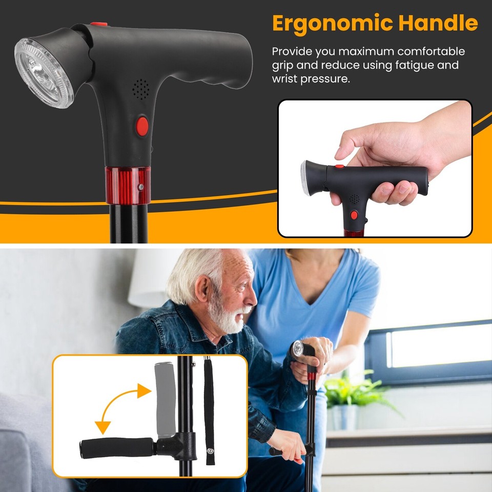 Lightweight Folding Walking Cane LED Light Walking Stick Bell With ...