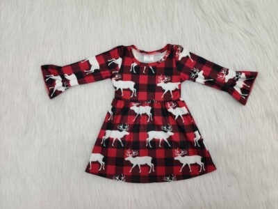 Long Sleeve Dress Plaid with Moose 0-3m 3-6m Girls Baby Boutique | eBay