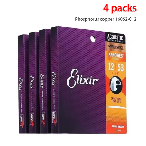 4Pack Elixir Acoustic Guitar 6 Strings Set Phosphor Bronze Light 12-53 ...