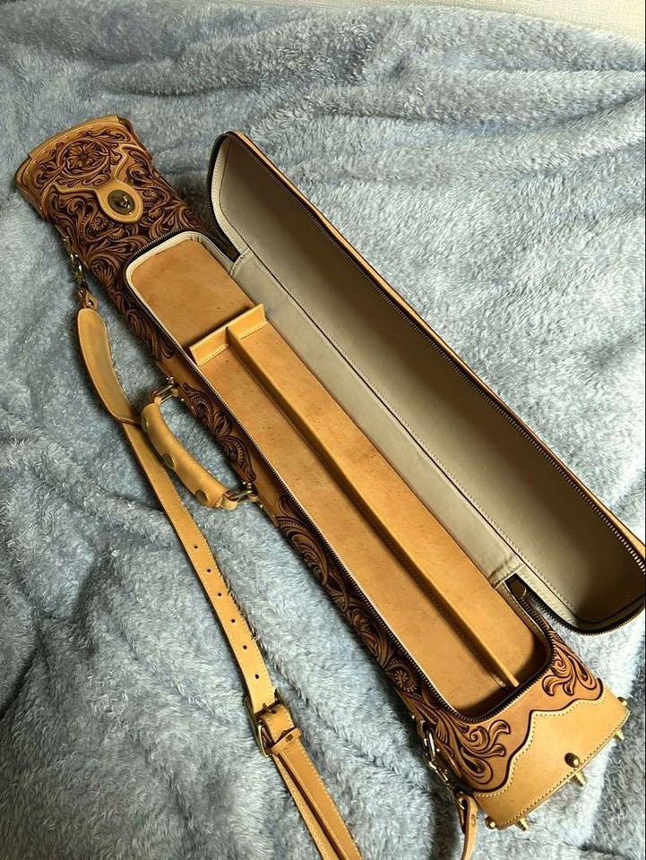 Leather Billiard Cue Case with Carving, Lightweight, Adjustable Strap ...