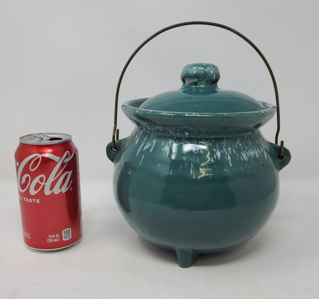 Vintage Green Ceramic Bean Pot W/ Handle & Lid 3 Footed 8” Tall | eBay
