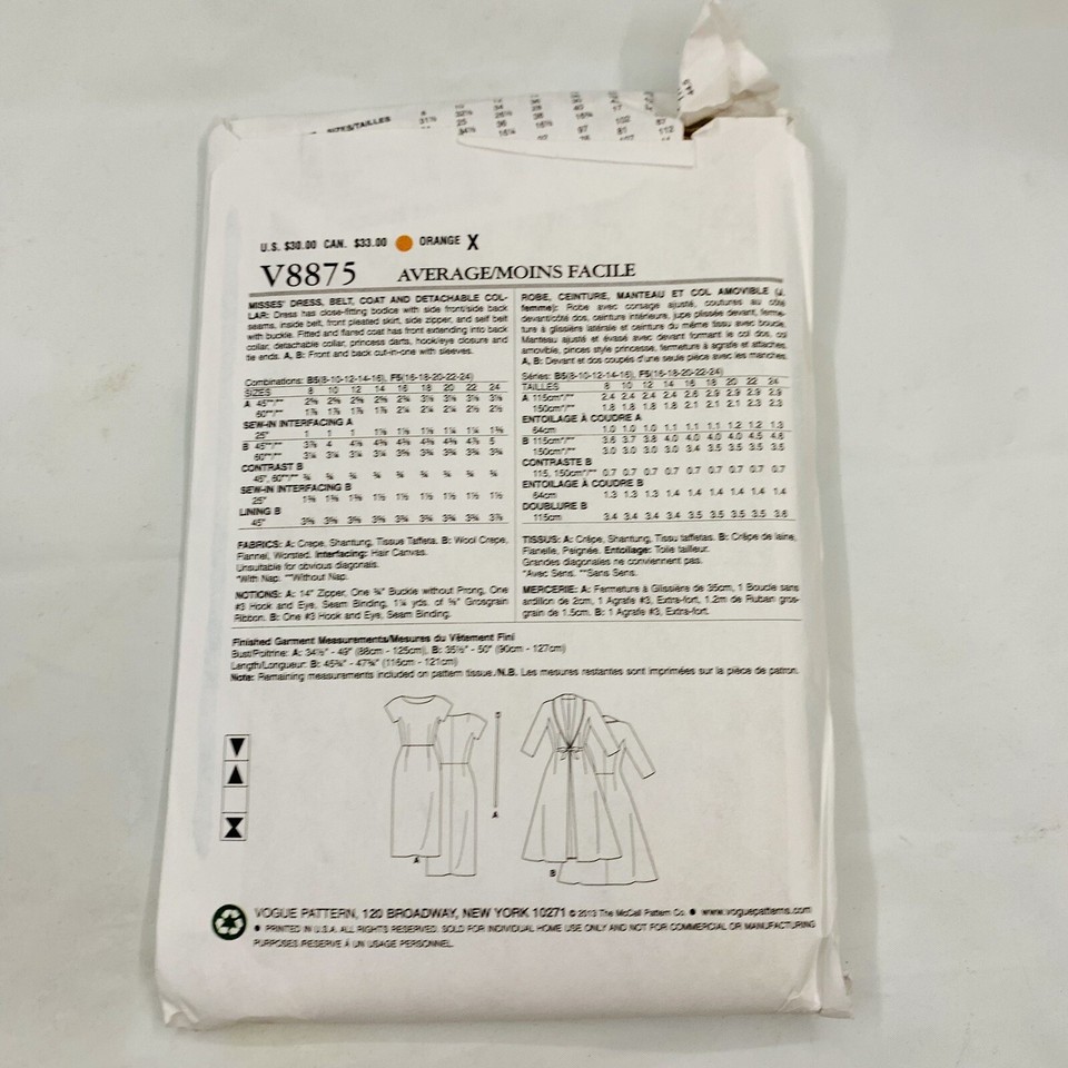 Vogue Pattern V8875 Retro 1955 Dresses Coats Belts Sizes 8 10 12 14 16 ...