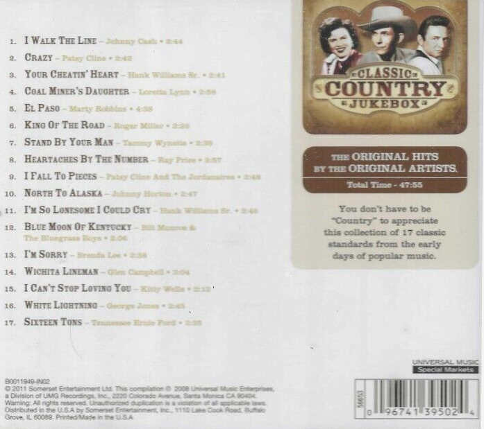 Classic Country Jukebox, NEW CD Patsy Cline, Hank Williams, Brenda Lee ...