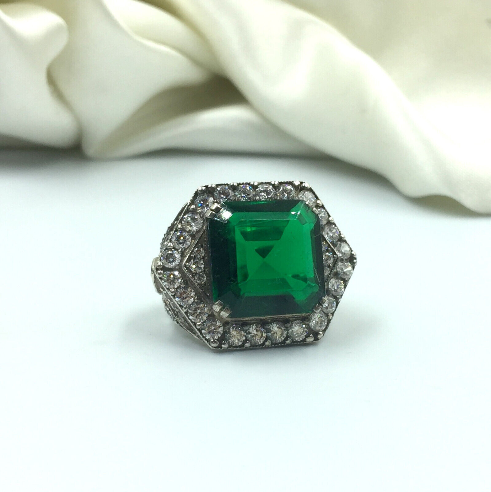 Forest Green Square Emerald With White CZ Antique Egyptian Fine Ring ...