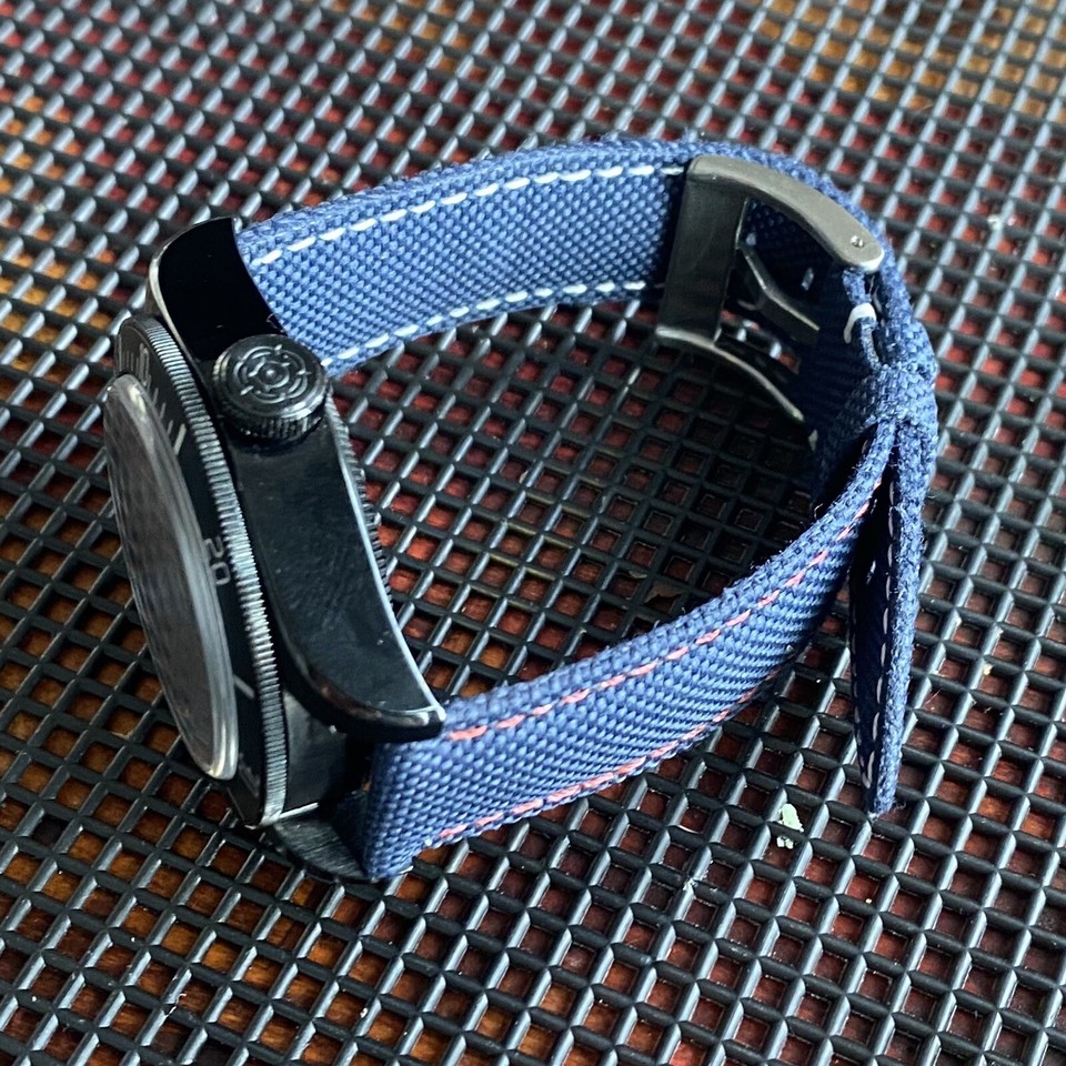 20mm NAVY BLUE Sailcloth Double Sided watch band strap RED Stitch Aged ...