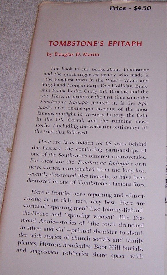 Tombstone's Epitaph by Douglas D. Martin hc/dj Arizona history | eBay