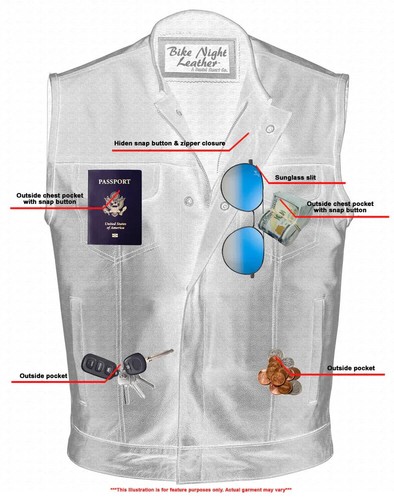 Mens Leather Vest Conceal Pockets - Snap Closure, Without Collar ...