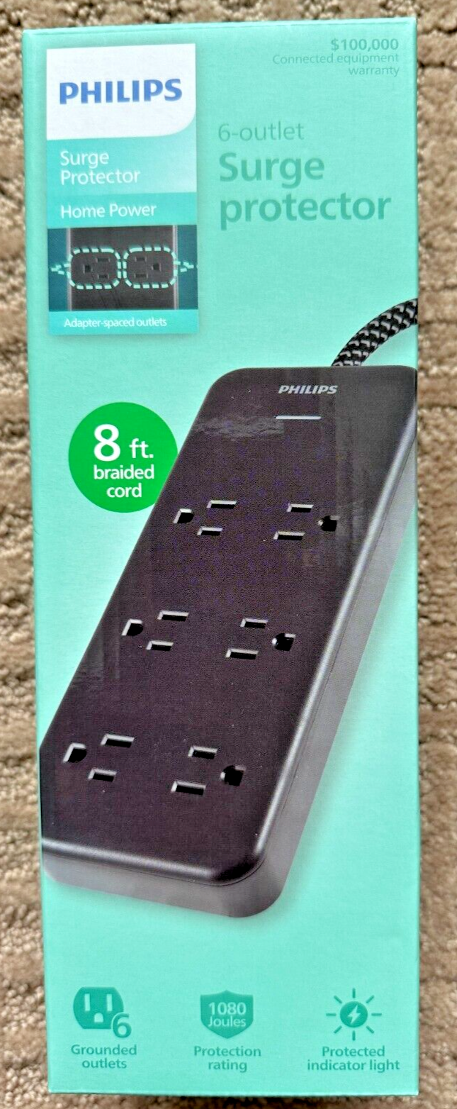 Philips 6-Outlet Surge Protector Black 8 Feet Cord | eBay