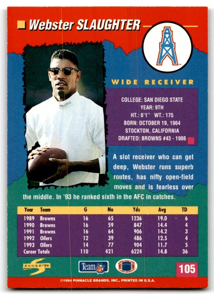1994 SCORE WEBSTER SLAUGHTER HOUSTON OILERS #105 | eBay