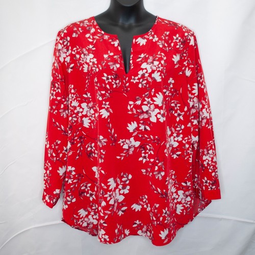 Ava & Viv Floral Popover Top Womens 4X Red Plus Blouse Long Sleeve ...