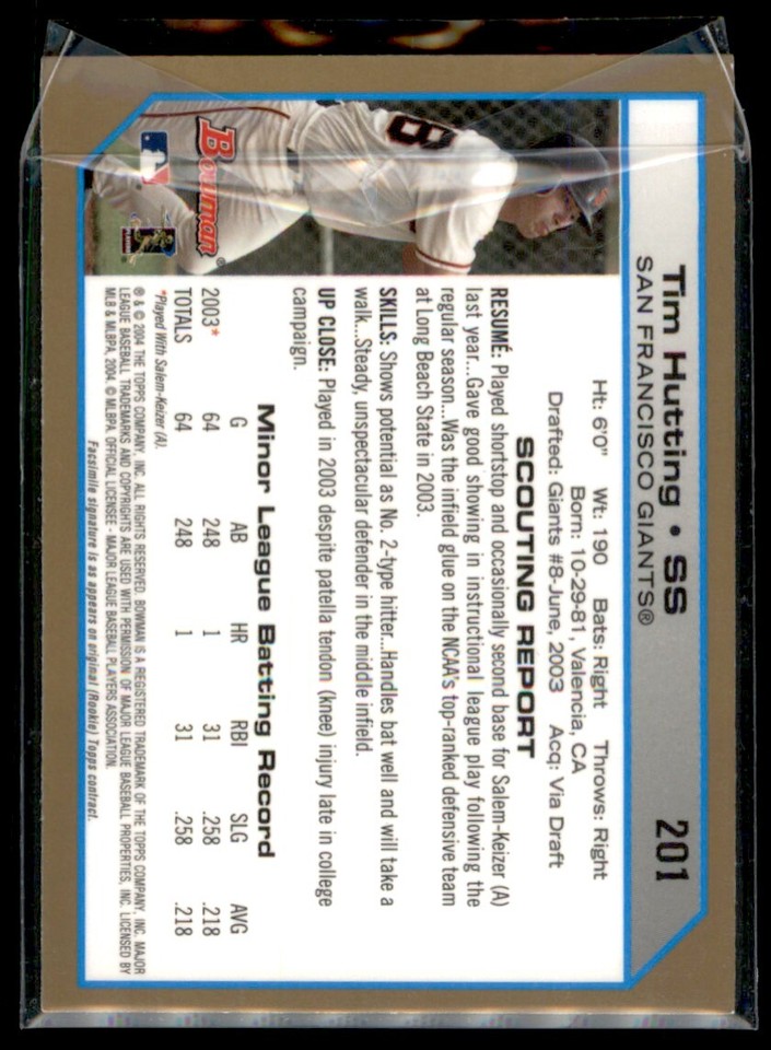 2004 BOWMAN TIM HUTTING RC SAN FRANCISCO GIANTS #201 | eBay