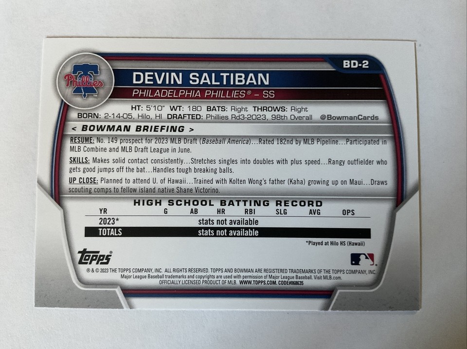 2023 Bowman Draft DEVIN SALTIBAN 1st Bowman Card RC Philadelphia ...
