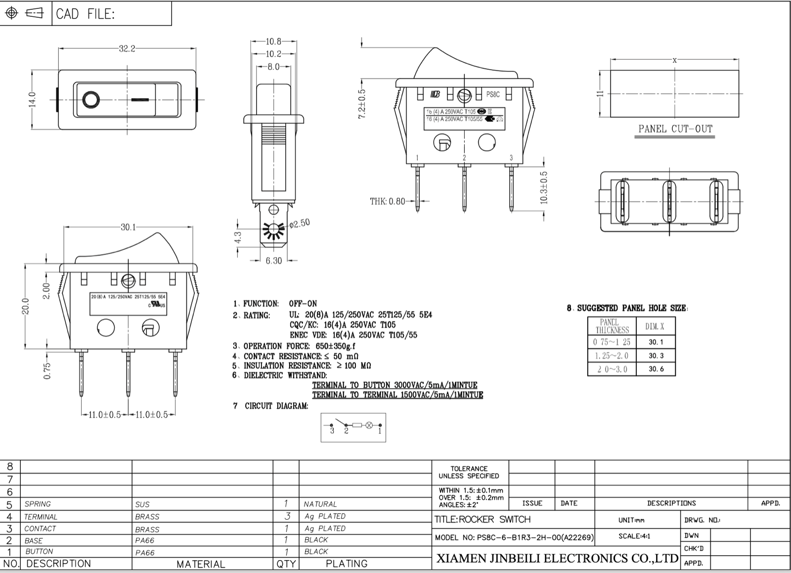 Red light rocker switch 3-pin 16(4)A 250VAC T105/55 20(8)A 125/250VAC ...