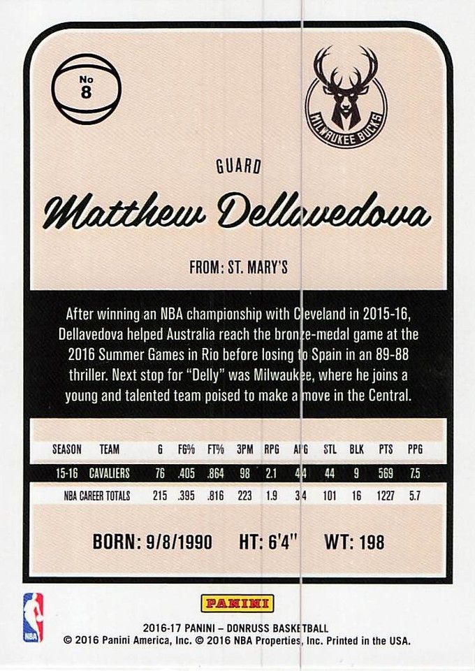 2016-17 Donruss #8 Matthew Dellavedova Milwaukee Bucks | eBay