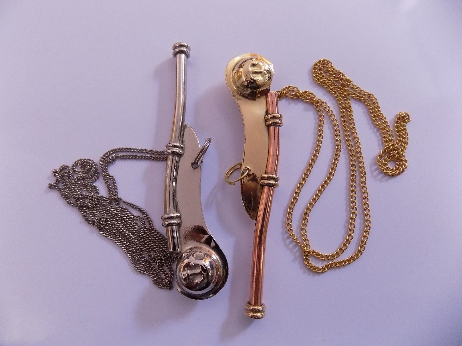 Set / Lot of 2 Color Brass Boatswain Whistle 5"w Chain Bosun Call Pipe ...