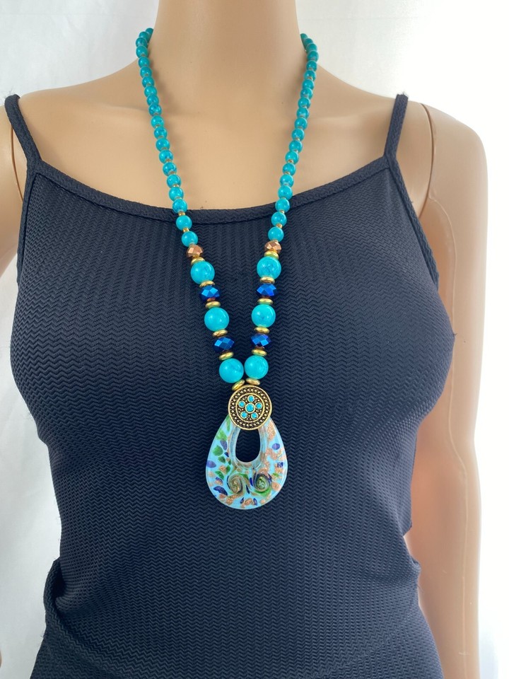 Women's Long Chunky Beaded Handmade Statement Necklace w/Tear Drop ...