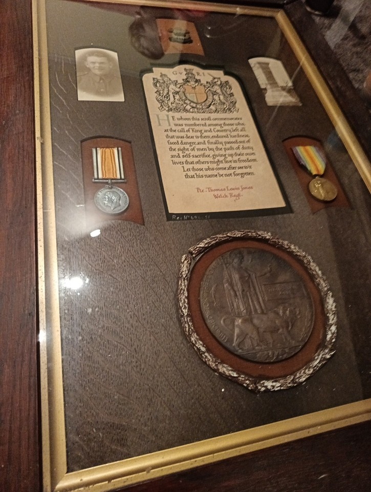 WW1 Medals, Framed, With Death Penny, Scroll, Pictures. Very Rare Welch ...