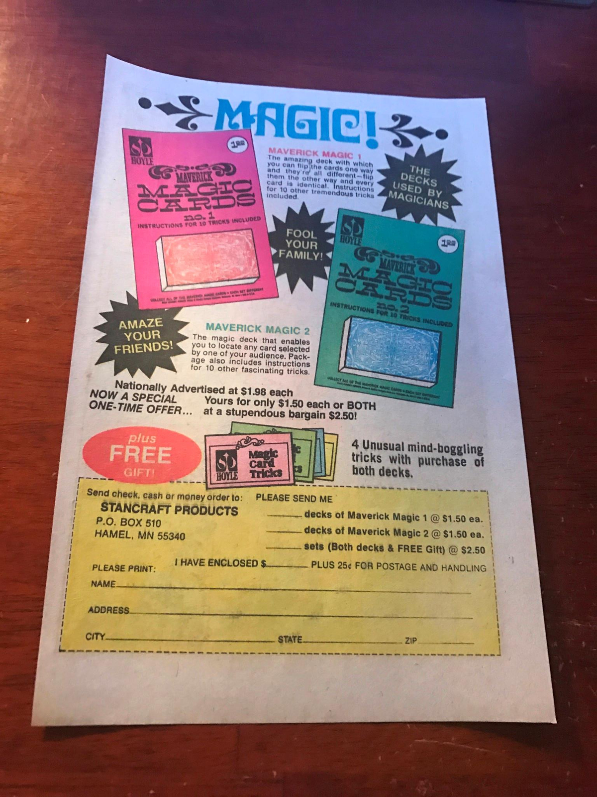 1974 VINTAGE 6.5x10 PRINT AD FOR MAVERICK MAGIC CARDS / TRICKS USED BY ...