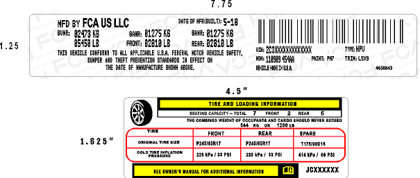 FCA JEEP CHRYSLER DODGE Decal MFG Sticker ID Label Tire Information VIN ...