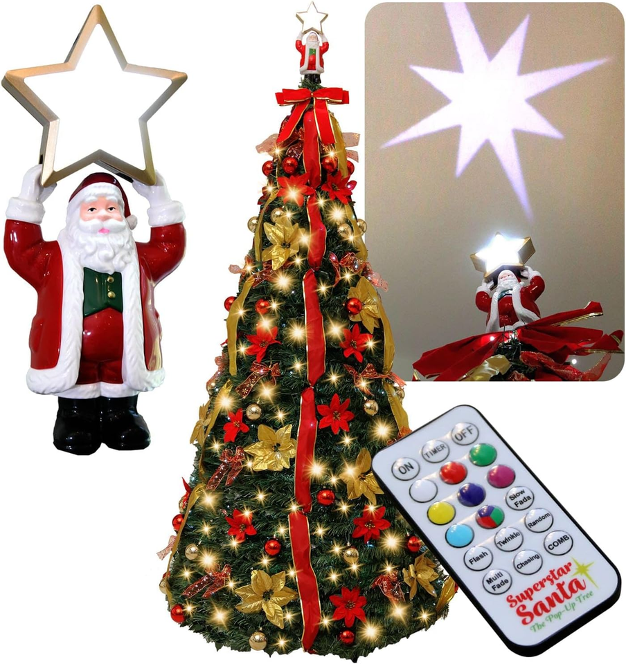 Superstar Santa Pop-Up Christmas Tree, 7FT, Pre-Lit W/ 200 LED Lights ...