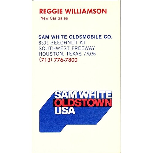 Sam White Oldsmobile Reggie Williamson Houston Vintage Business Card ...