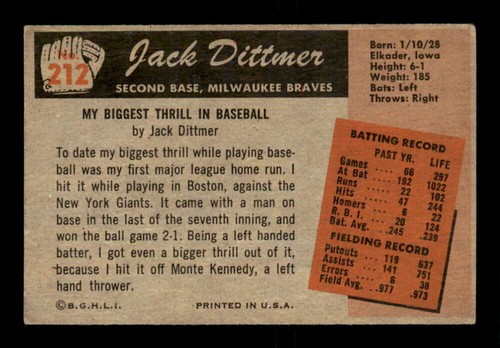 1955 Bowman #212 Jack Dittmer VG/VGEX X2647816 | eBay