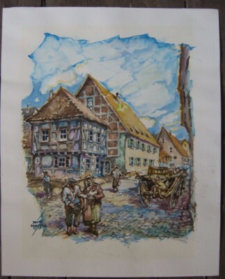::FRITZ FREITAG AQUARELLE FACHWERKHÄUSER STRAßEN KUTSCHE DORF ...