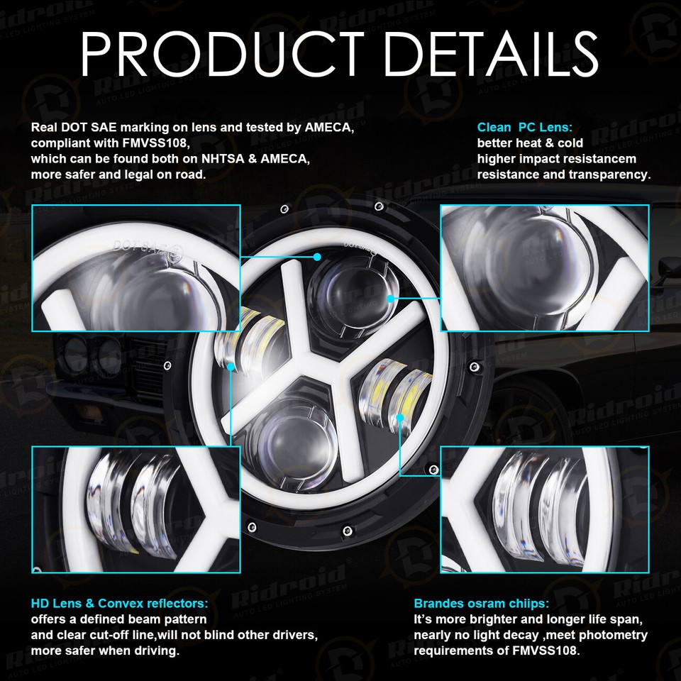 For 86-95 Suzuki Samurai Halo Angle Eyes DRL 7inch LED Headlights Hi/Lo ...
