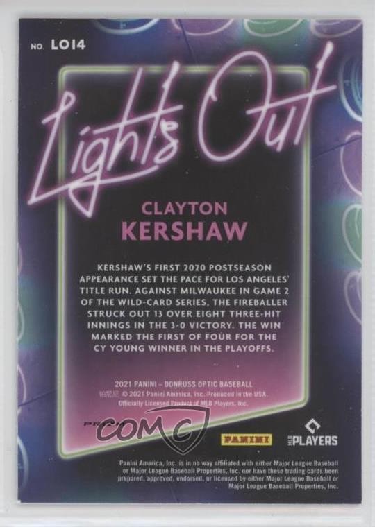 2021 Panini Donruss Optic Lights Out Holo Prizm Clayton Kershaw #LO14 ...