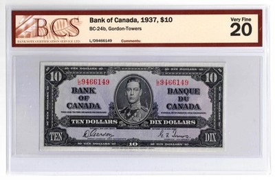 $10 1937 Bank of Canada Note Gordon-Towers L/D Prefix BC-24b - BCS VF-20 | eBay