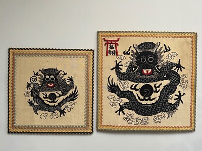 Pair of Antique Embroidered Chinese Dragon Square Silk Thread Panels | eBay