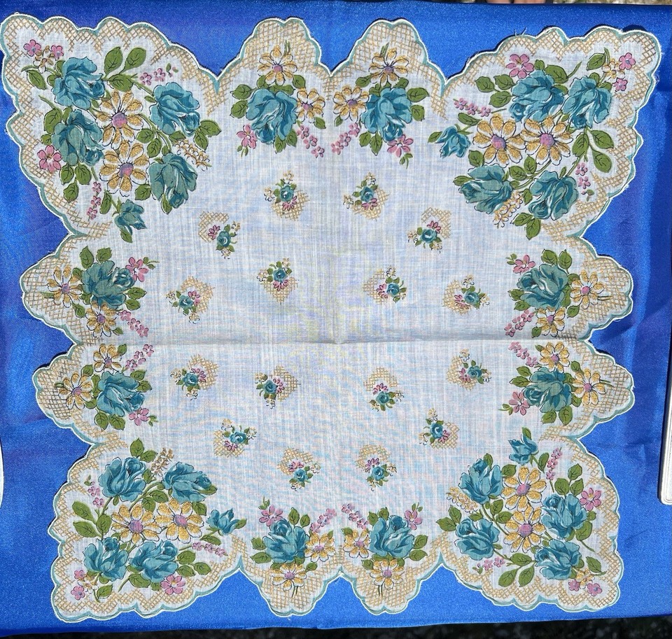 Vintage Ladies Hankie Hanky Handkerchief Scalloped Edge Gold Blue Pink ...