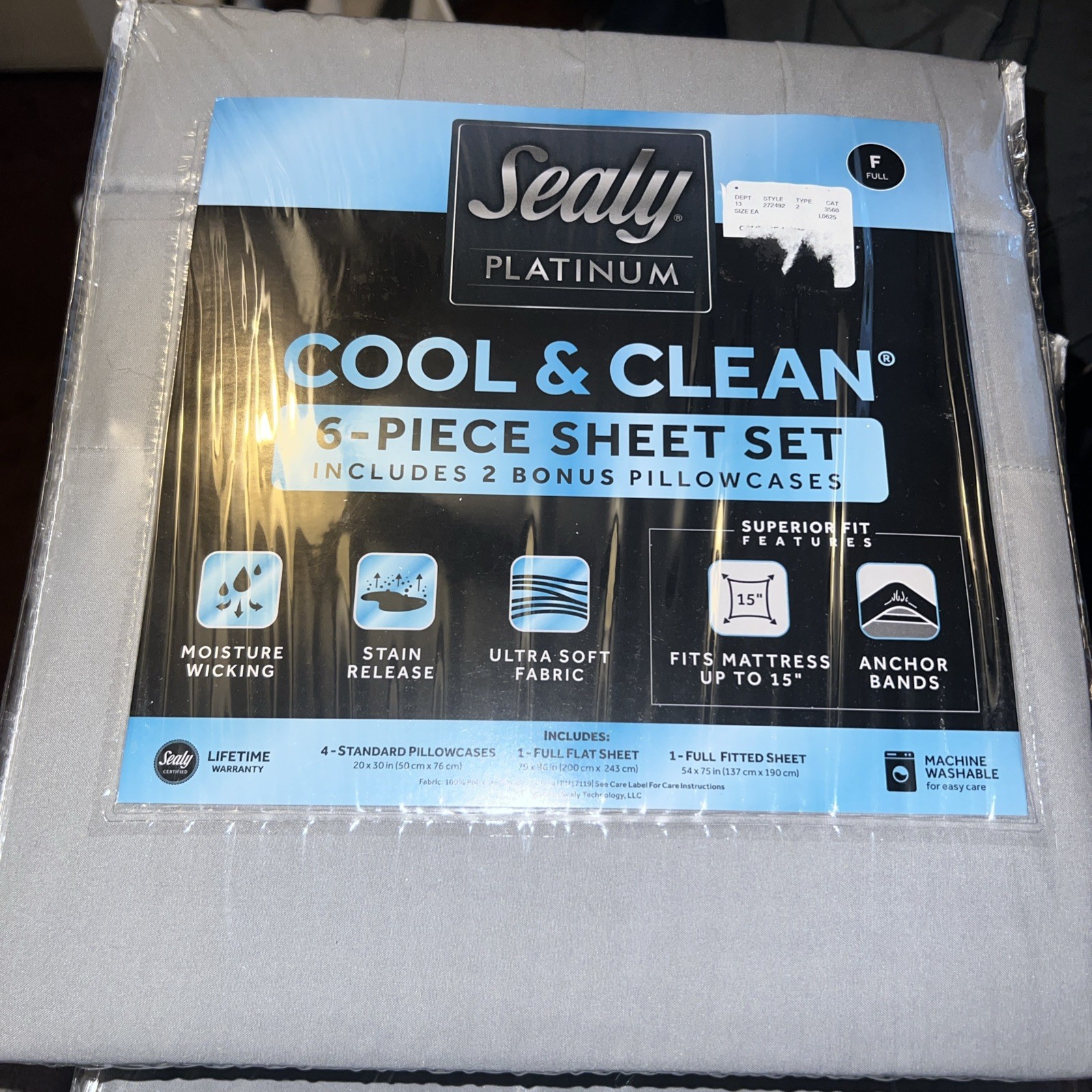 Sealy Platinum Cool & Clean 6 Pc Sheet Set 2 Bonus Pillowcases Gray ...