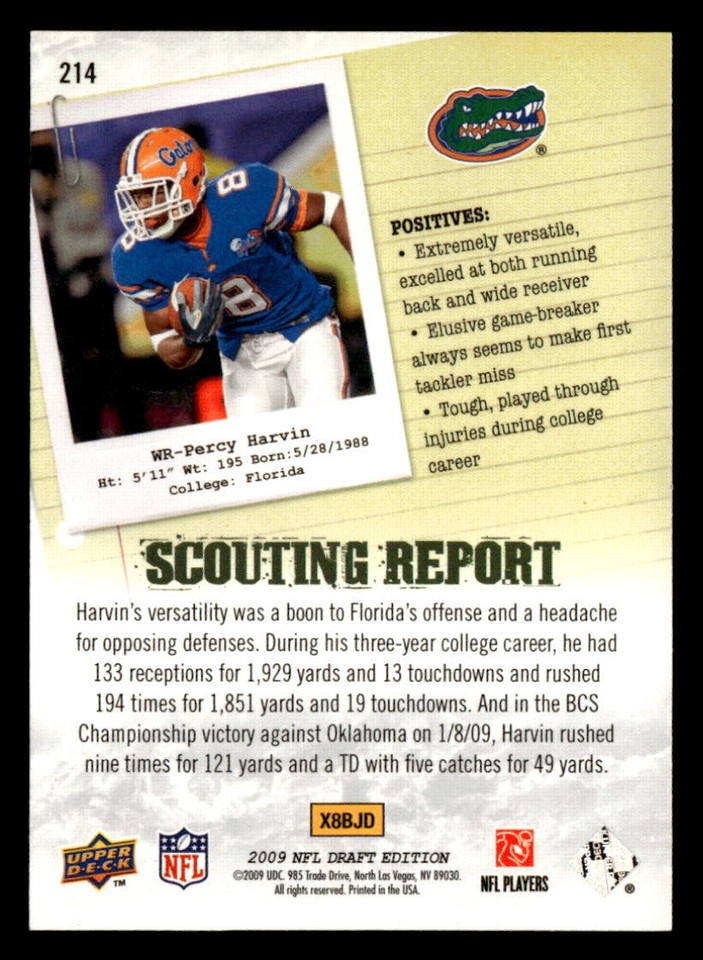 Percy Harvin 2009 Upper Deck Draft Edition Scouting Report Card #214 Florida | eBay