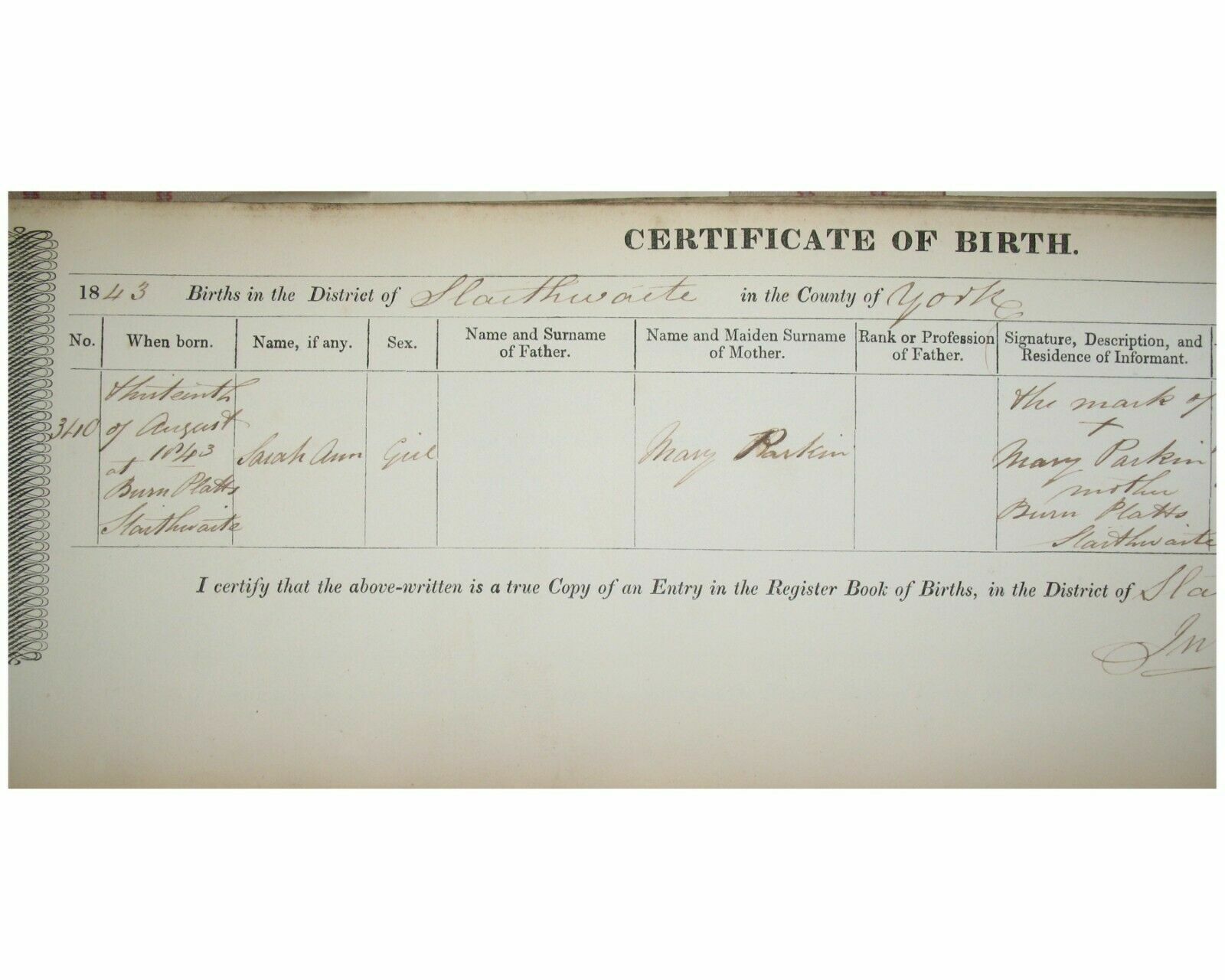 Victorian Original Birth certificate York 1843 historical ephemera ...